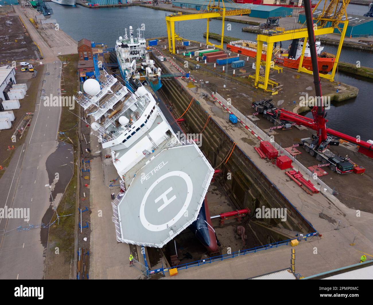 Edinburgh, Scotland, UK. 14 April 2023. Aerial view of RV Petrel which ...