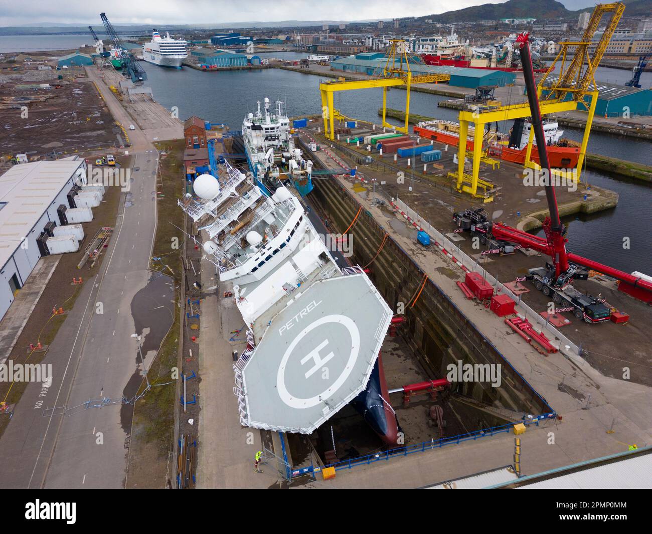 Edinburgh, Scotland, UK. 14 April 2023. Aerial view of RV Petrel which ...