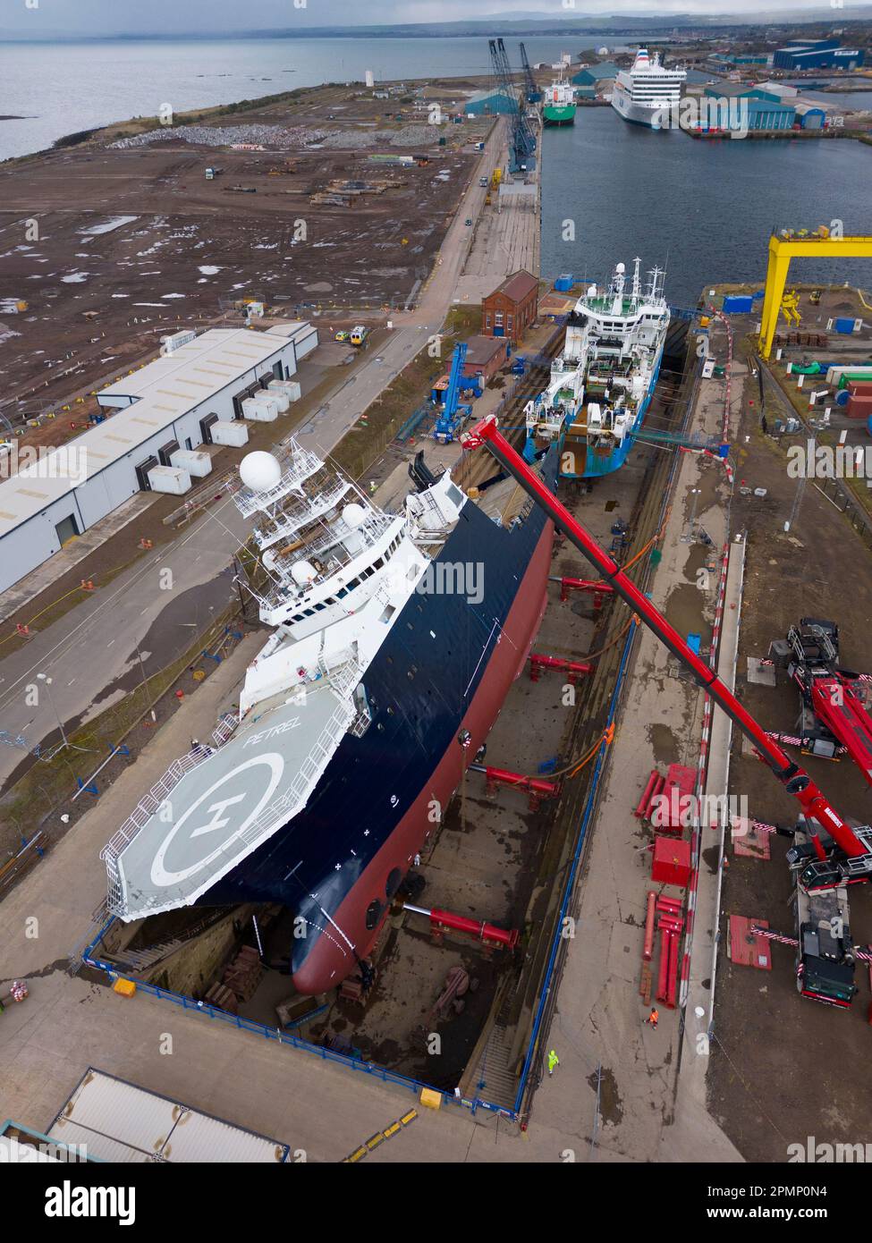 Edinburgh, Scotland, UK. 14 April 2023. Aerial view of RV Petrel which ...