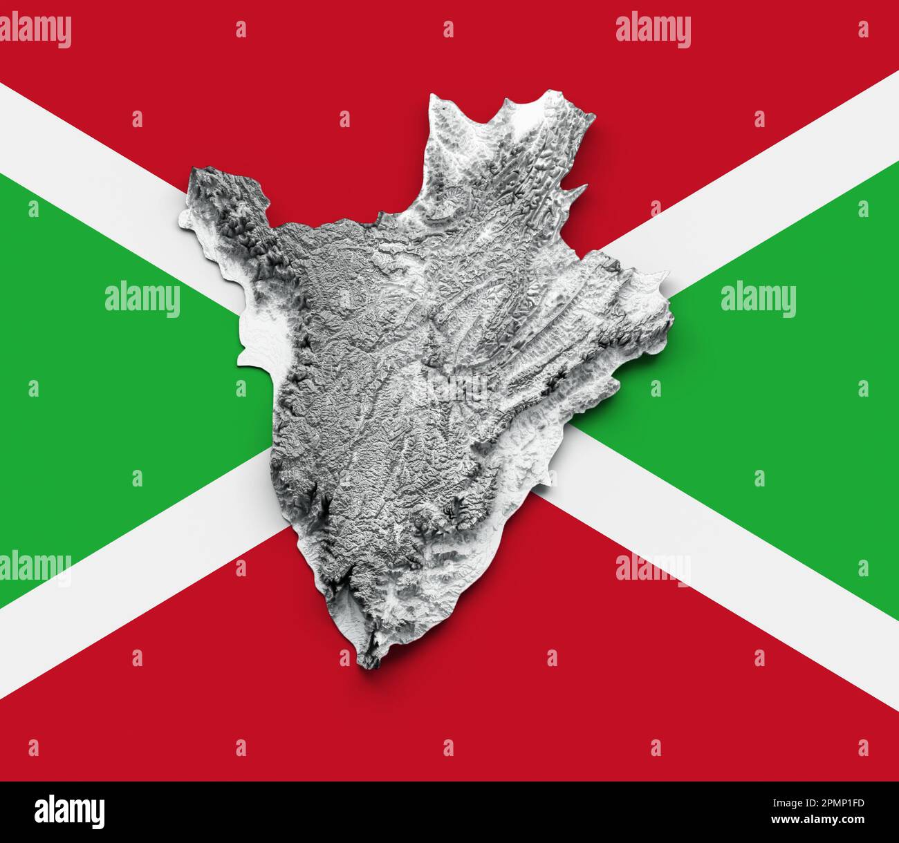 A clay map of the country of Burundi is displayed on a background with ...