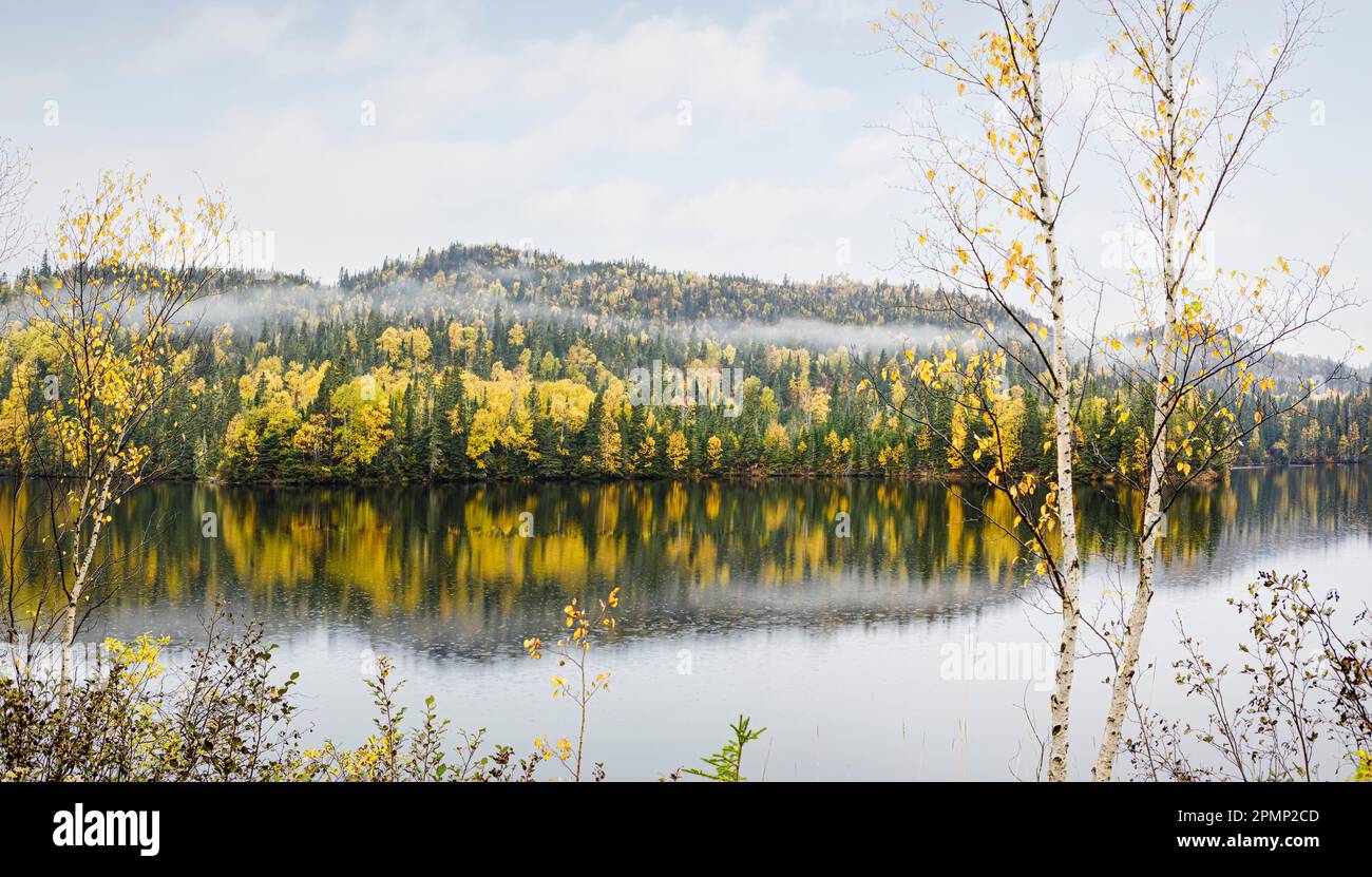 Autumn colours reflected in a lake; Terrace Bay, Ontario, Canada Stock ...