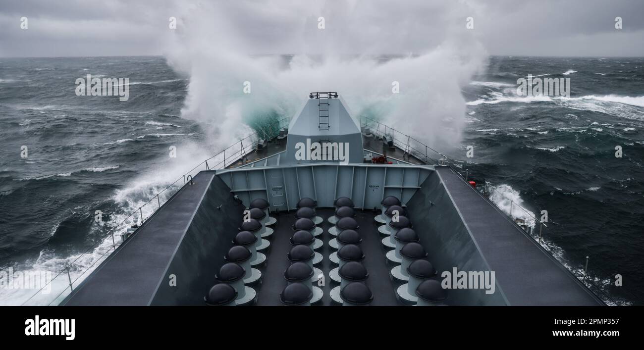 A Royal Navy Type 23 frigate in stormy weather viewed from the ships ...