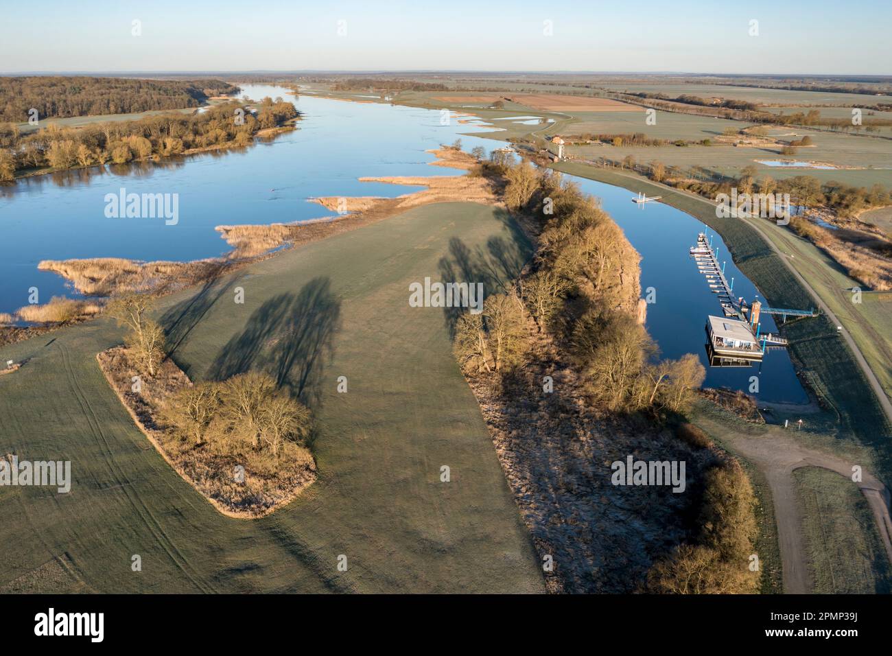 Aerial view of river Elbe, marina Lenzen, early spring, Germany Stock ...