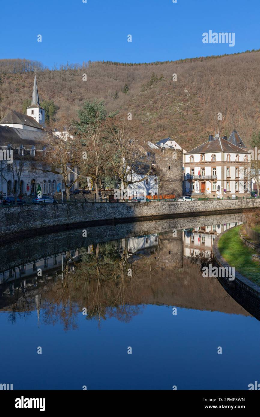 Europe, Luxembourg, Diekirch, Esch-sur-Sure, River Sauer looking ...