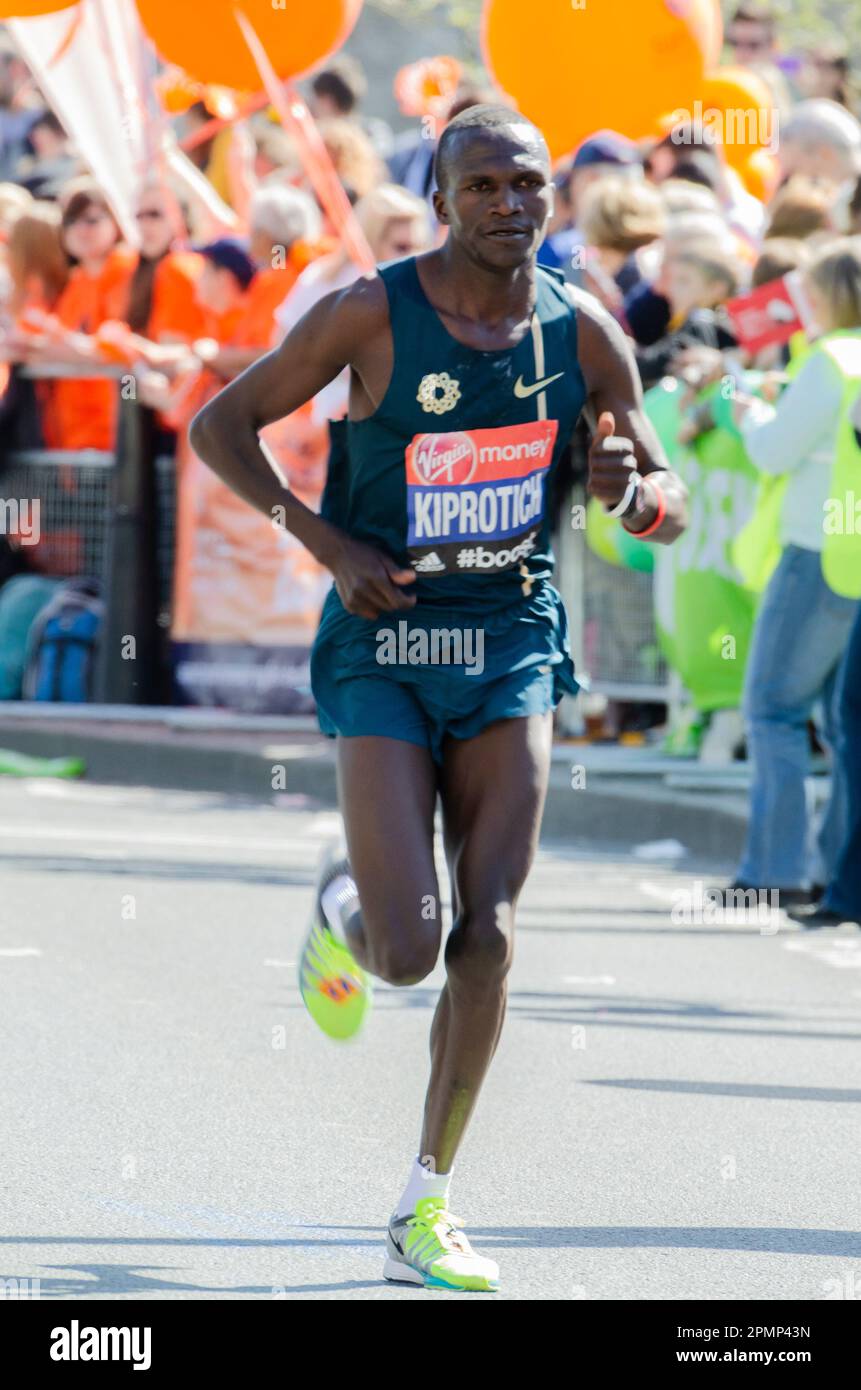 Stephen Kiprotich competing in the London Marathon 2014, passing ...