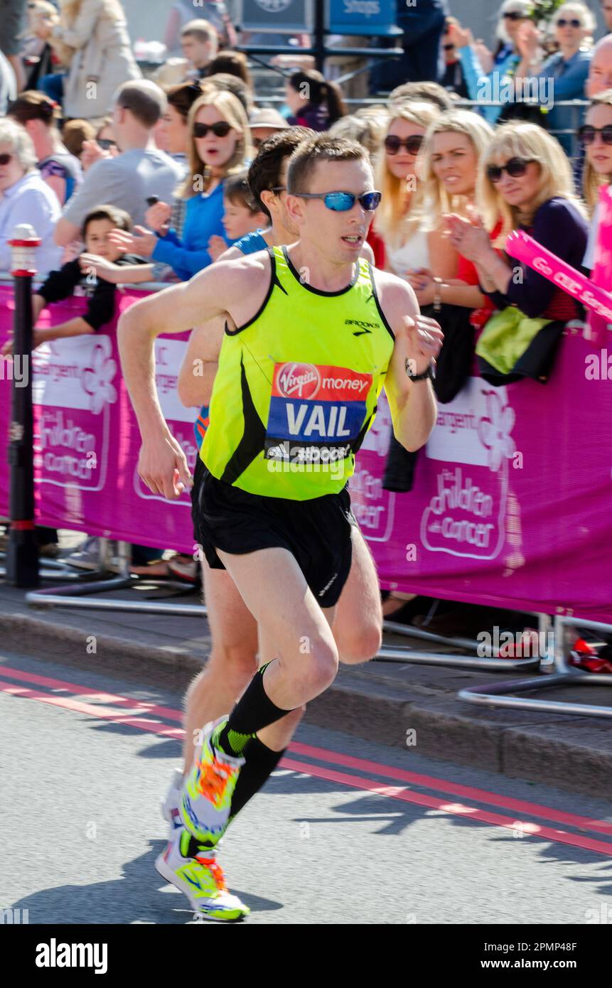 Ryan Vail competing in the London Marathon 2014, passing through Tower ...
