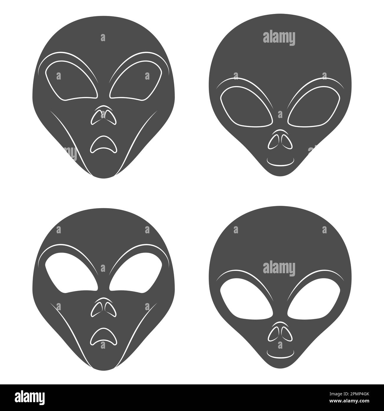 Set of black and white illustration with alien face. Isolated vector ...