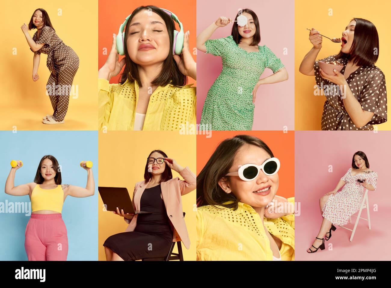 Collage. Set of portraits of young asian girl posing in different ...