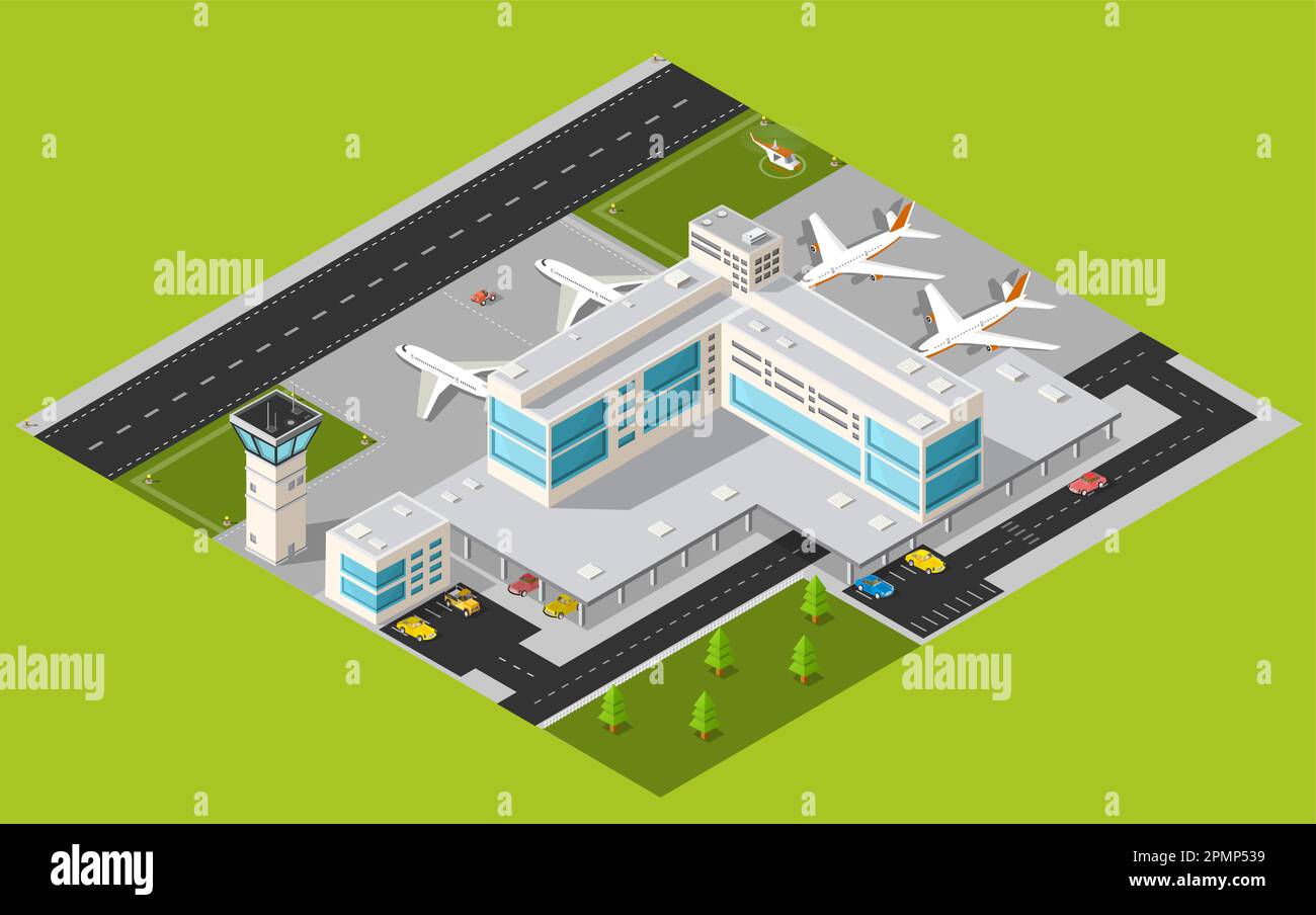 Isometric 3D airstrip of the city international airport terminal and ...