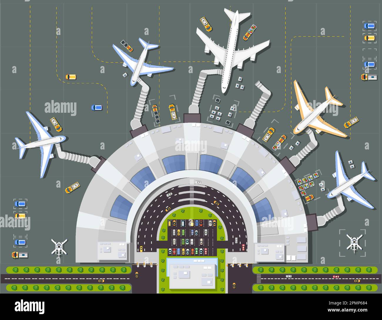 Airport passenger terminal top view. The runway of the aircraft ...