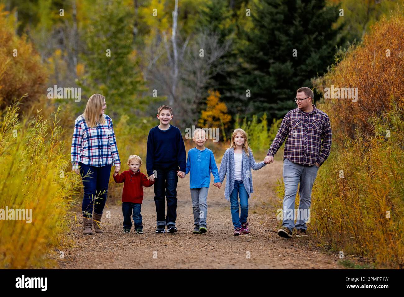 Family of six walking together hand in hand in a park in autumn ...