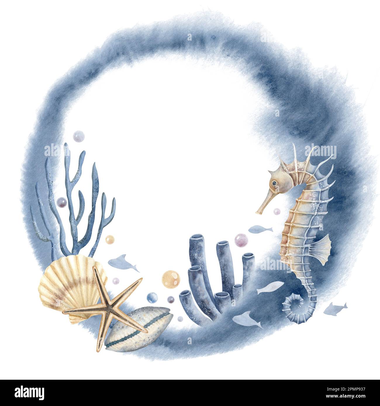 Round Frame of Marine animals and Shells. Wreath with Underwater ...