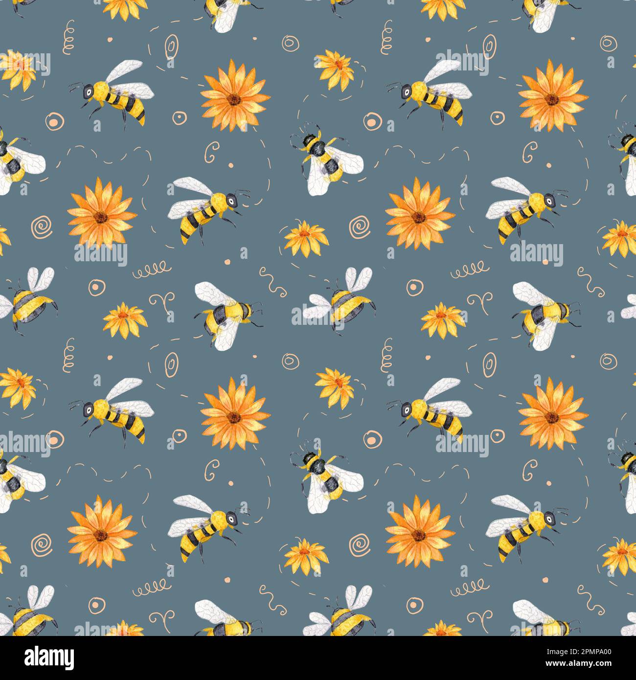 Apiculture. Watercolor seamless pattern with bees and field flowers ...