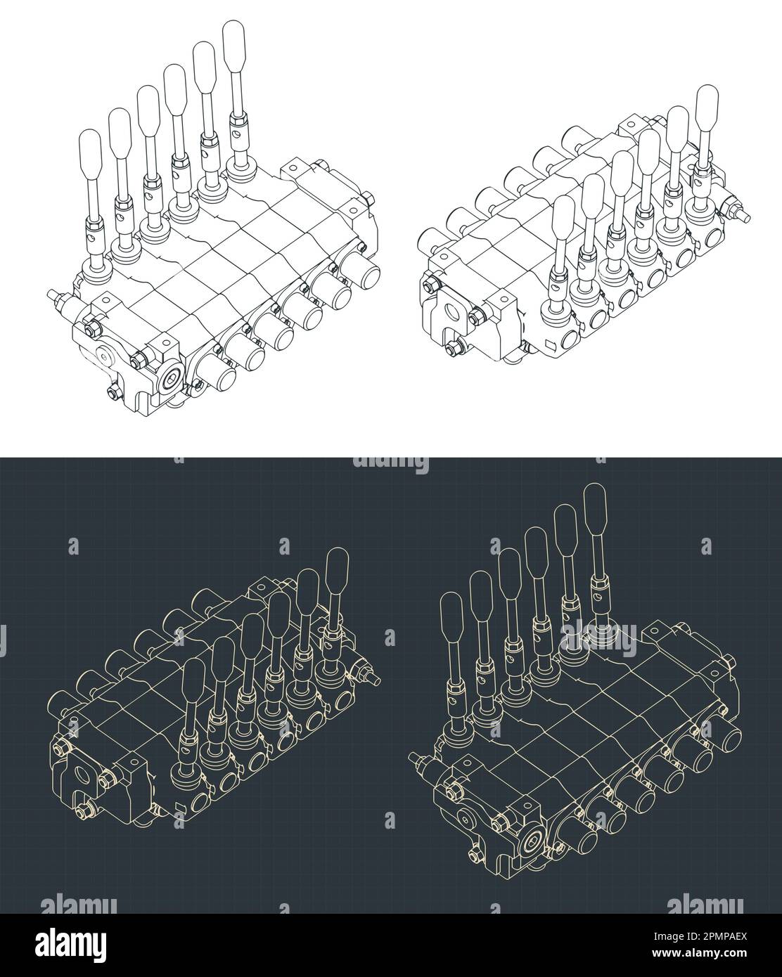 Stylized vector illustration of isometric blueprints of hydraulic ...