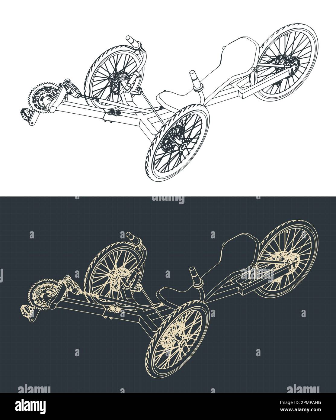 Stylized vector illustration of blueprints of recumbent bike Stock ...