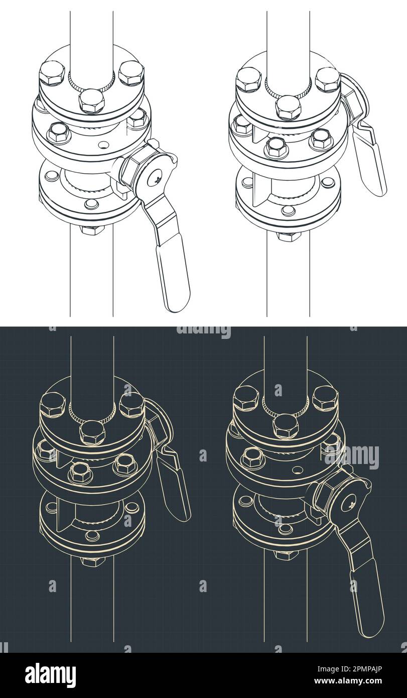 Stylized vector illustration of isometric blueprints of ball valve ...