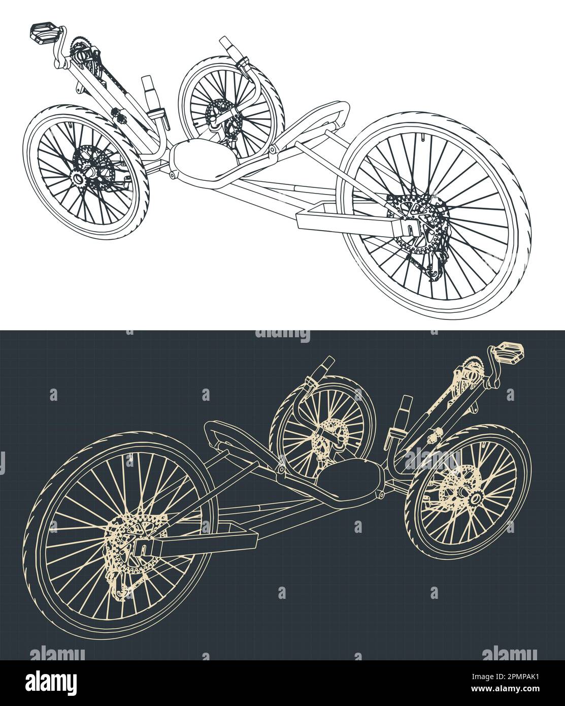 Stylized vector illustration of blueprints of recumbent bike Stock ...