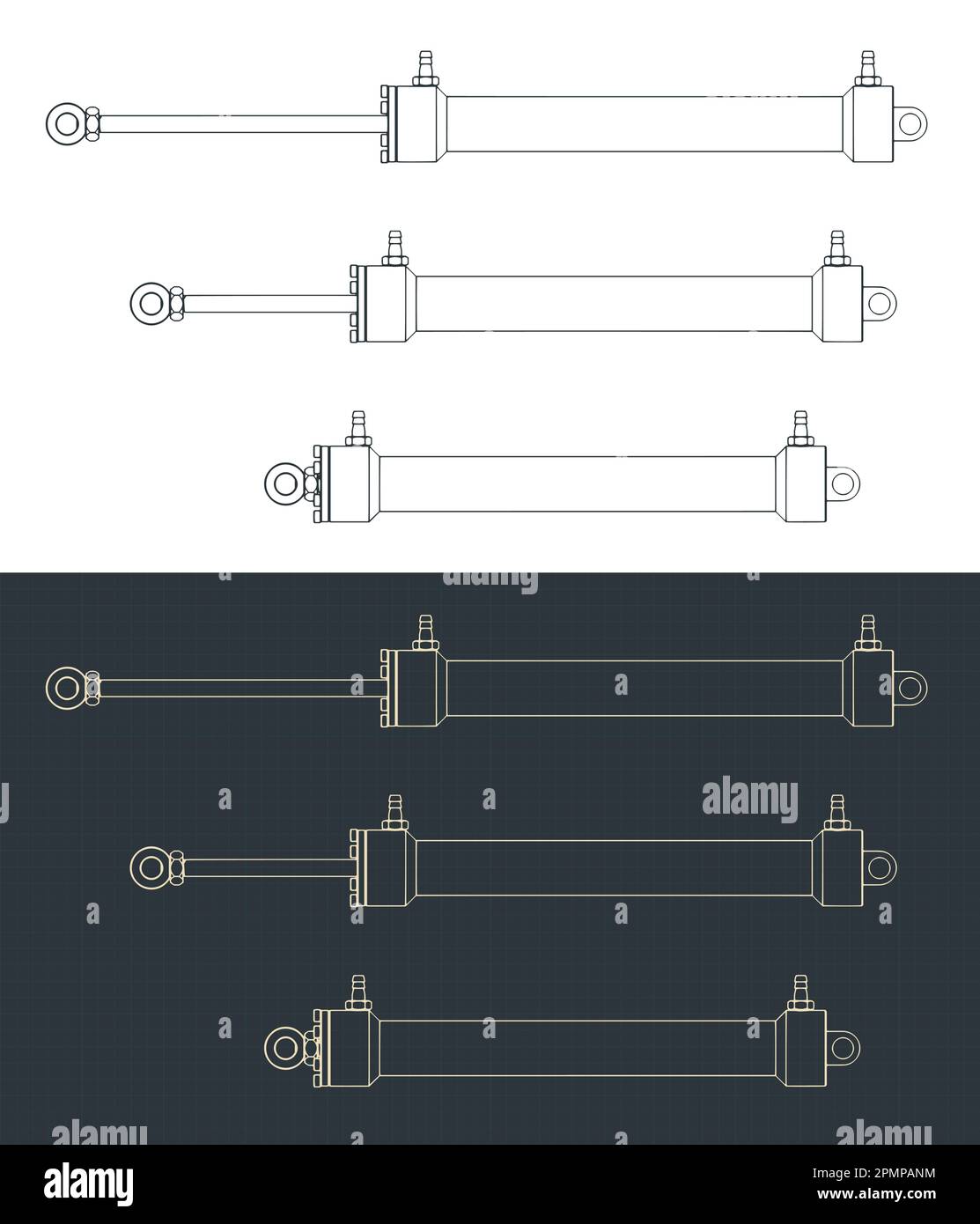 Stylized vector illustration of blueprints of hydraulic cylinder Stock ...