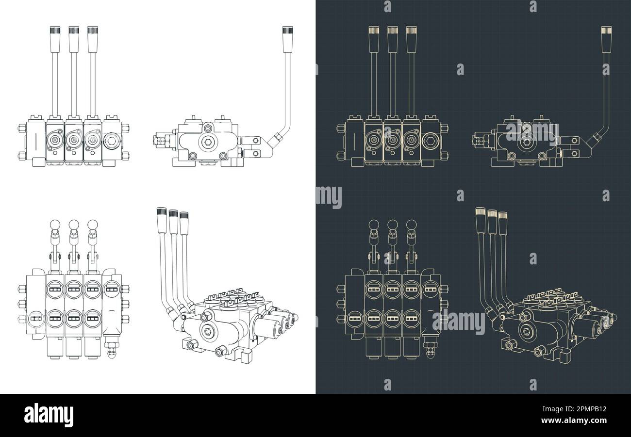 Stylized vector illustration of blueprints of hydraulic directional ...