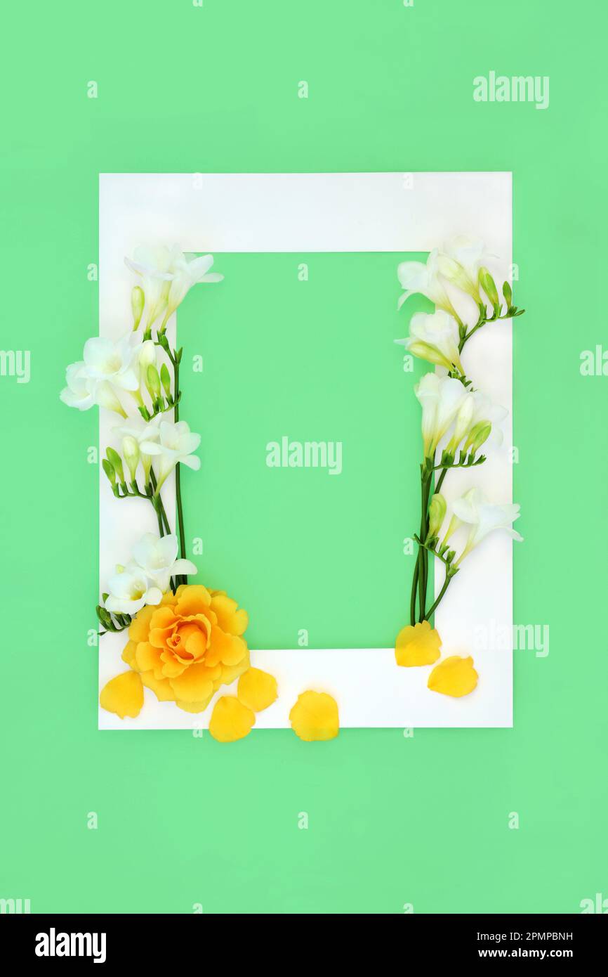 Creative rose freesia flower arrangement on white frame on green ...