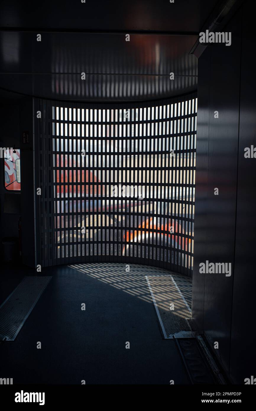 boarding dock entrance attached to an Easyjet plane at Gatwick airport ...