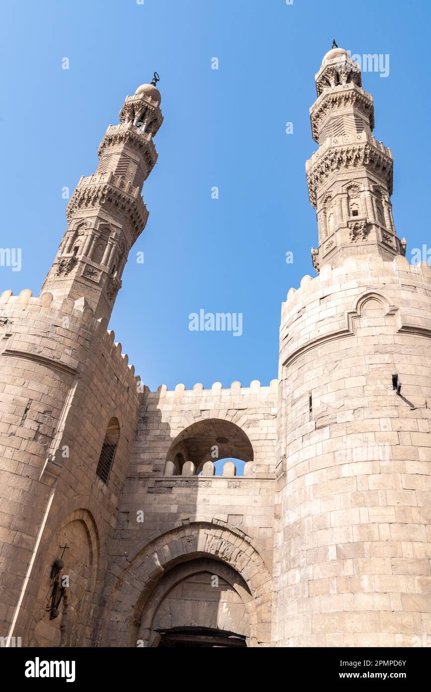 Minaret towers at a gate in Islamic Cairo in Cairo, Egypt Stock Photo ...