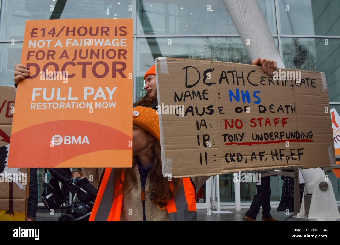 London, UK. 14th April 2023. Junior doctors stand at the British ...