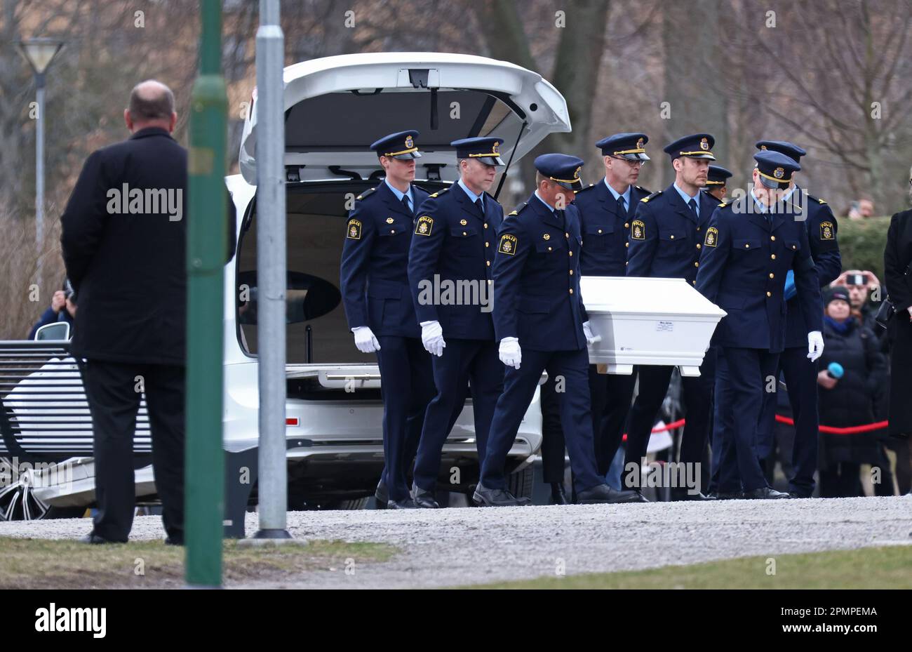 The coffin is carried into Matteus church in Norrköping, Sweden, for ...