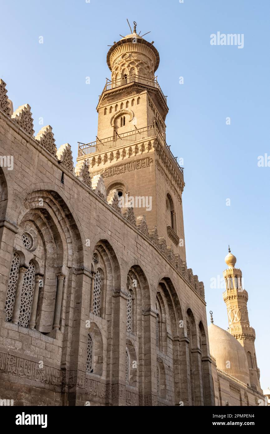 A minaret tower in the Khan el-Khalili market bazaar district of ...