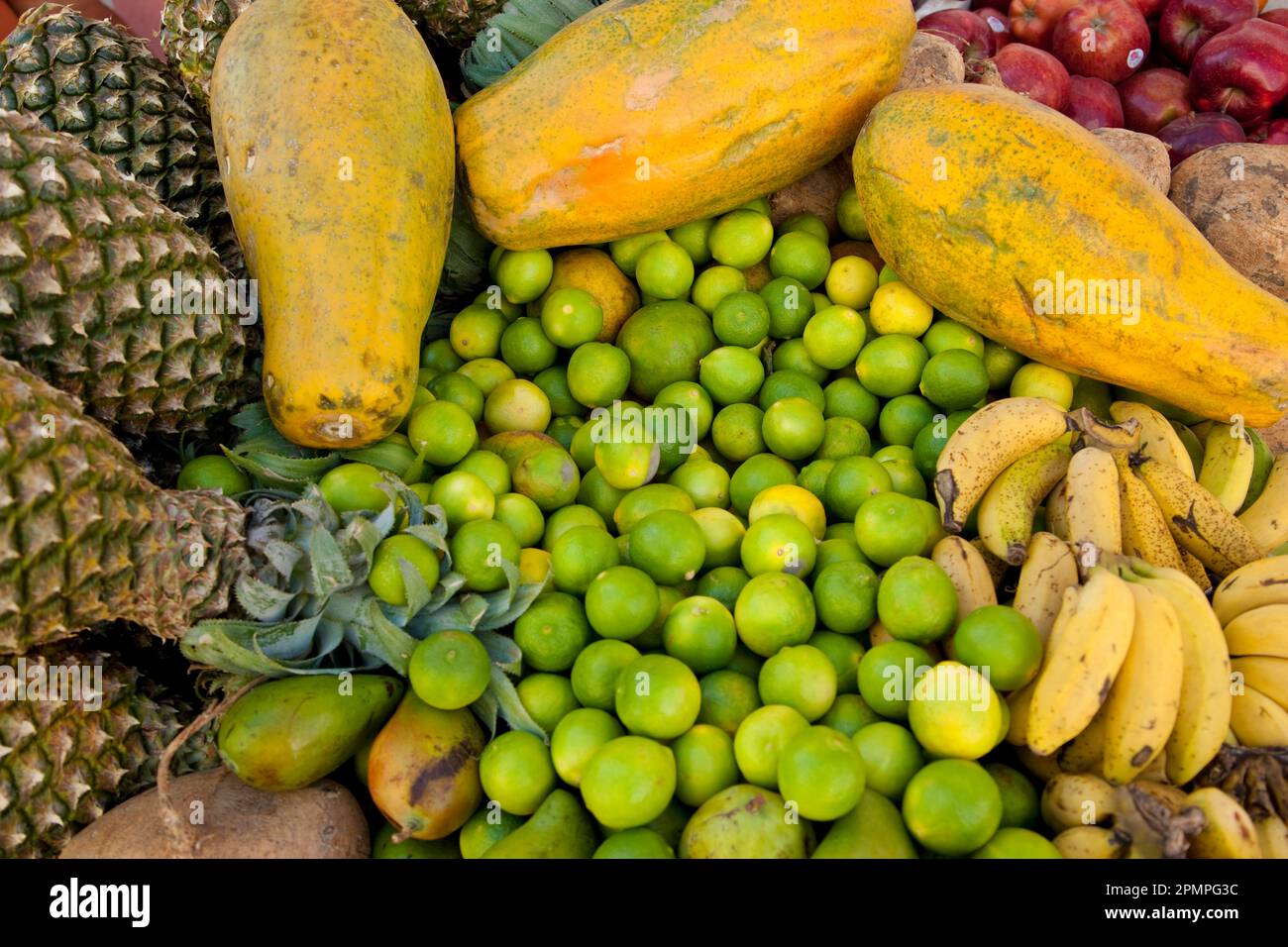Exotic tropical fruits including pineapples, limes and papaya ...
