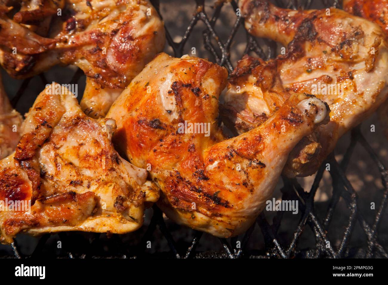 Close-up of chicken pieces being grilled; Ambergris Caye, Belize Stock ...
