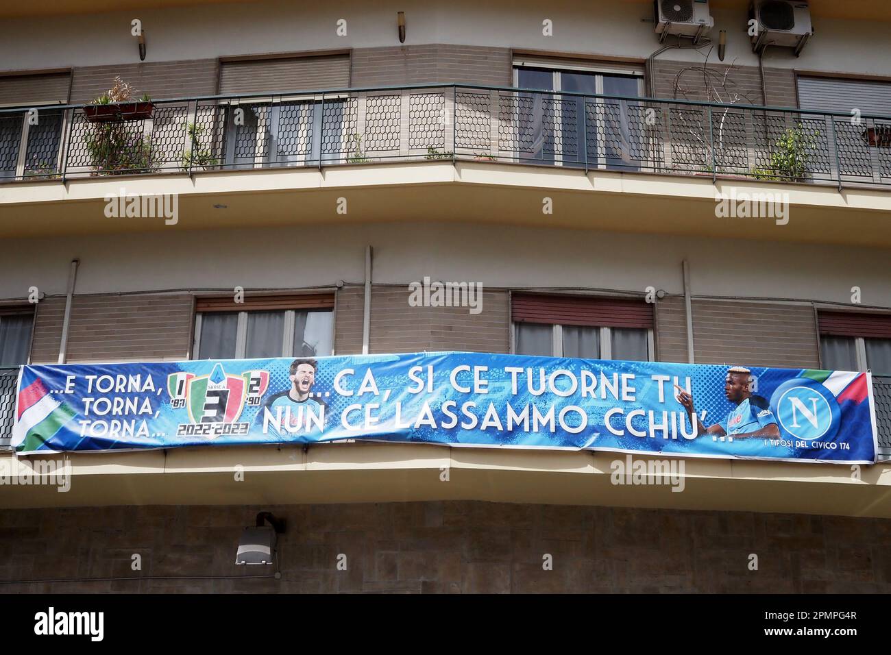 Napoli, Italy. 14th Apr, 2023. Advertising banner depicting the Napoli ...