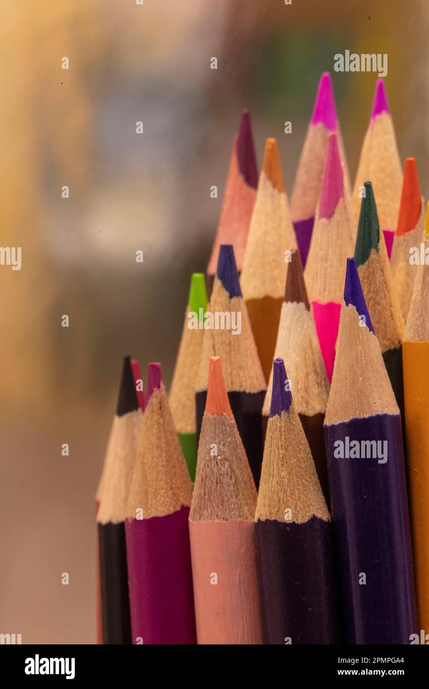 Dynamic close up still life of art coloured pencils grouped together in ...