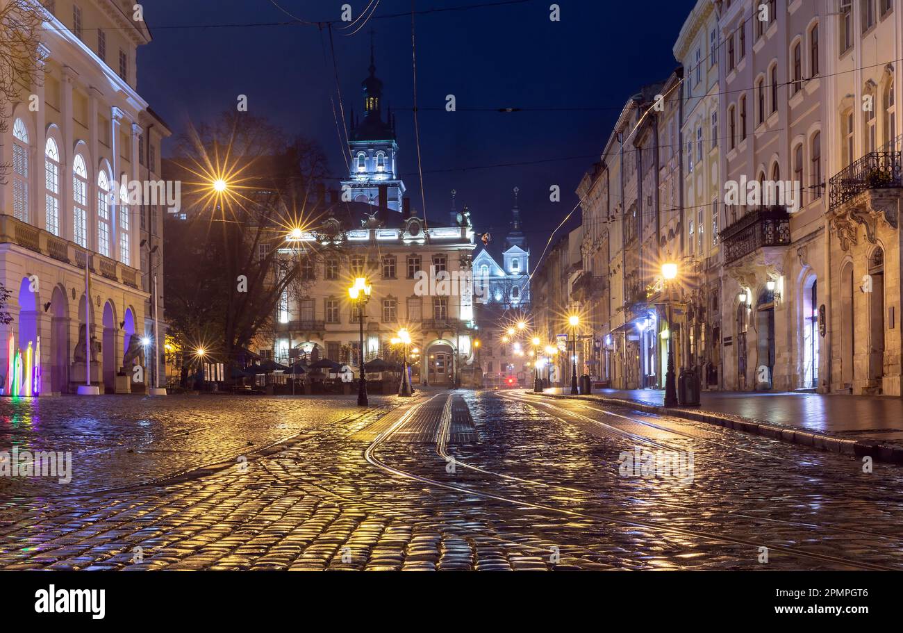 Medieval Town Hall Square in the Old Town at dawn. Lviv. Ukraine Stock ...
