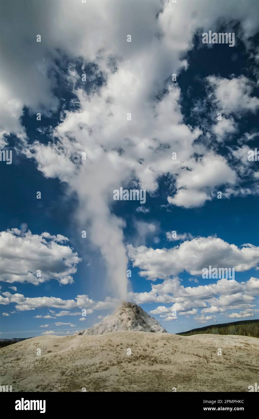 Steam rises from a geyser in Yellowstone National Park; Wyoming, United ...