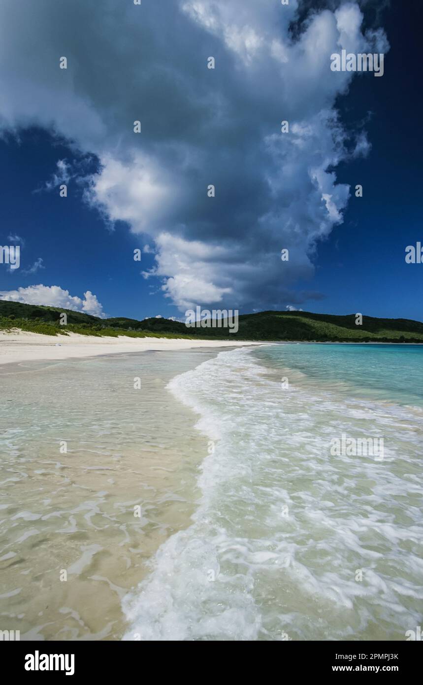 Strip of cumulus clouds follows this receding, tropical shoreline ...