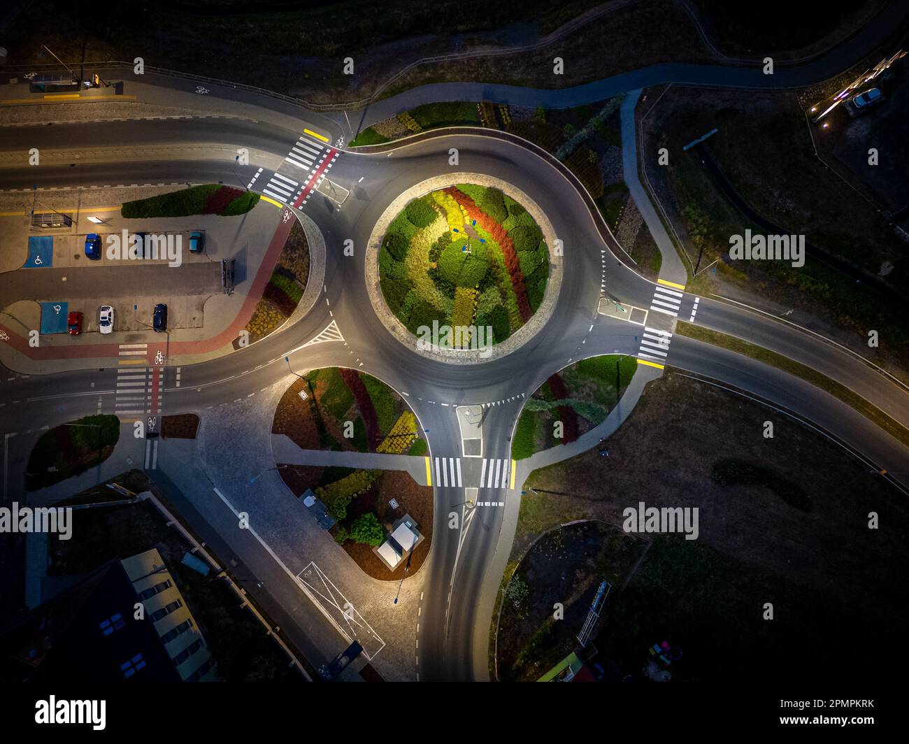 A top view of roundabout of Opole University of Technology lit up by ...