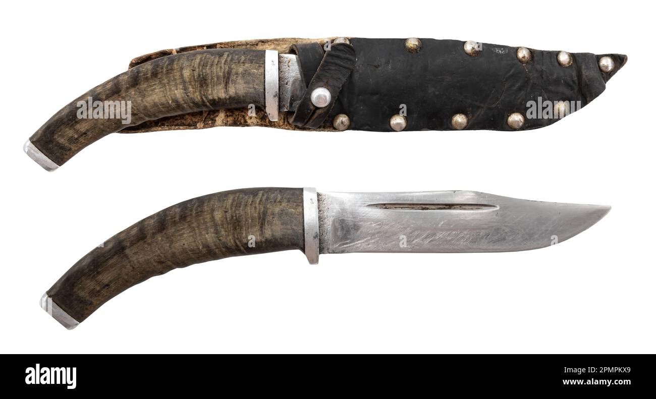 Sharp hunting knife with a wooden handle on a white background. Knife ...