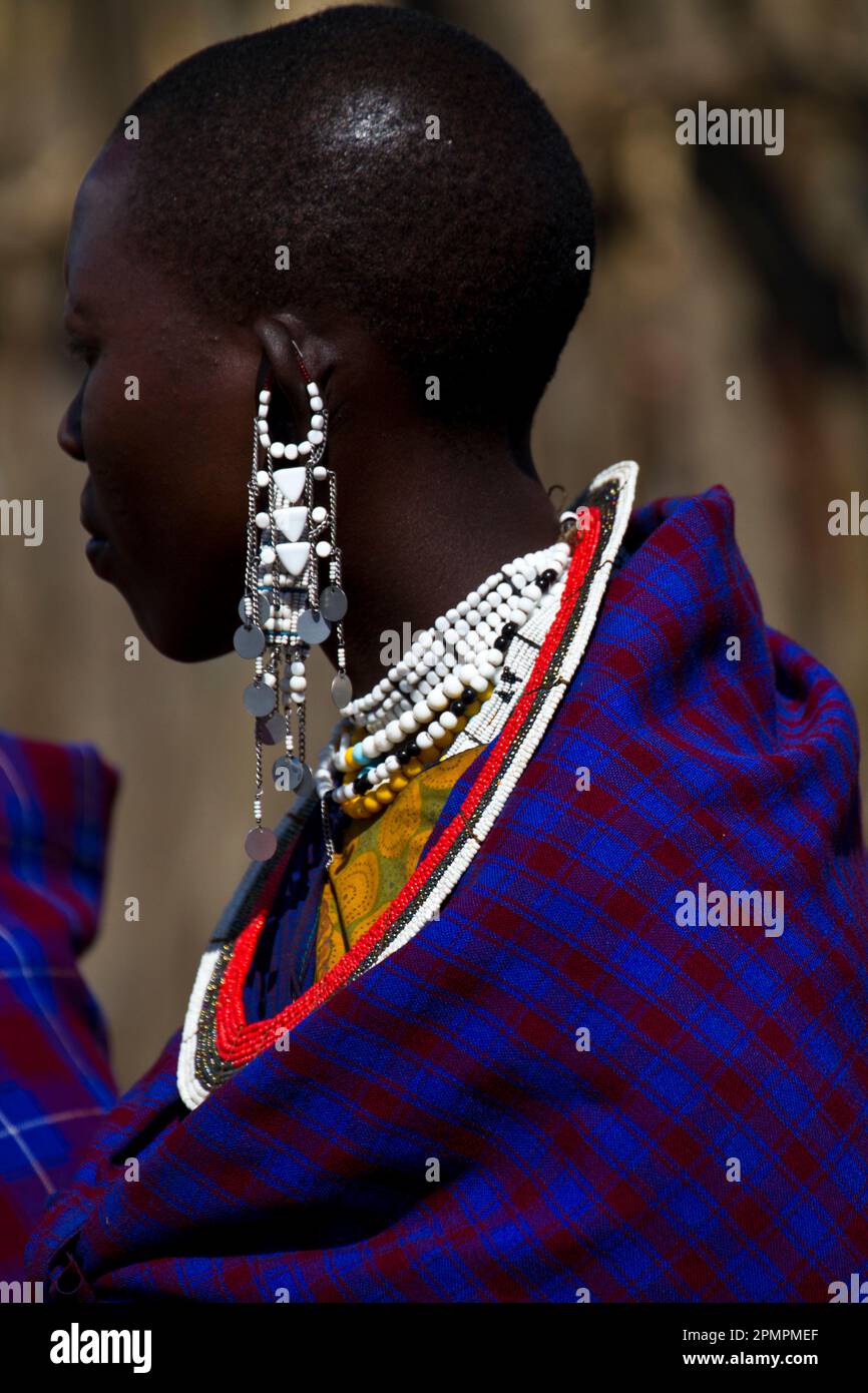 Masai woman in traditional clothing; Ngorongoro Crater, Tanzania Stock ...