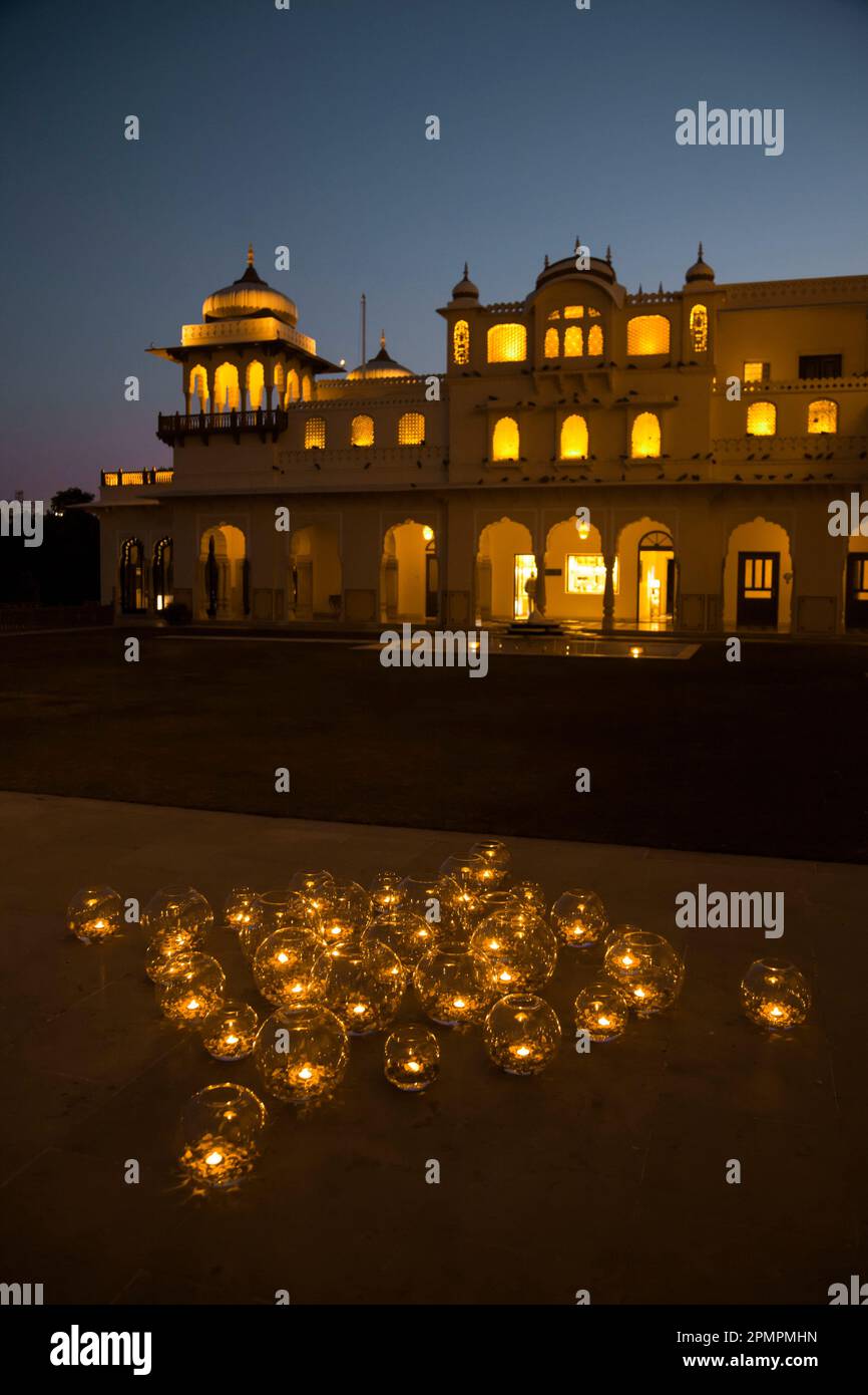 Lanterns illuminated outside a luxury hotel at night in Jaipur, India ...