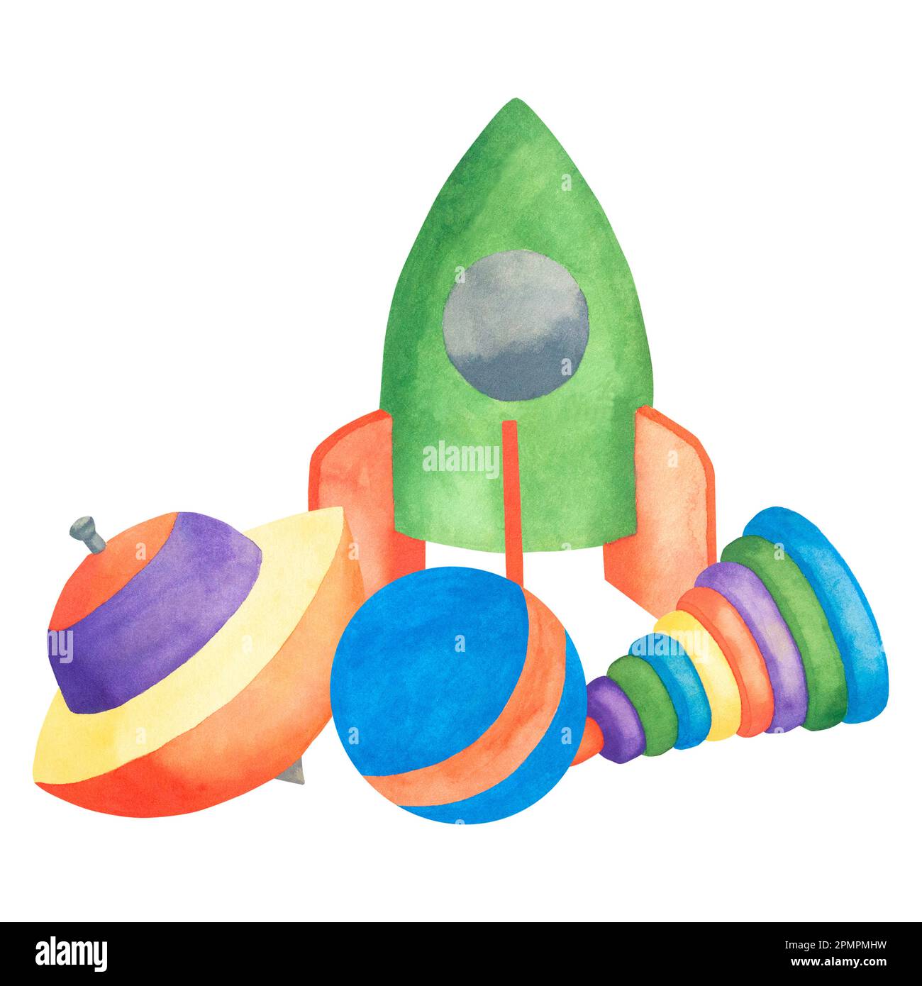 Kids toys. Watercolor illustration of a pyramid, spinning top, rocket ...