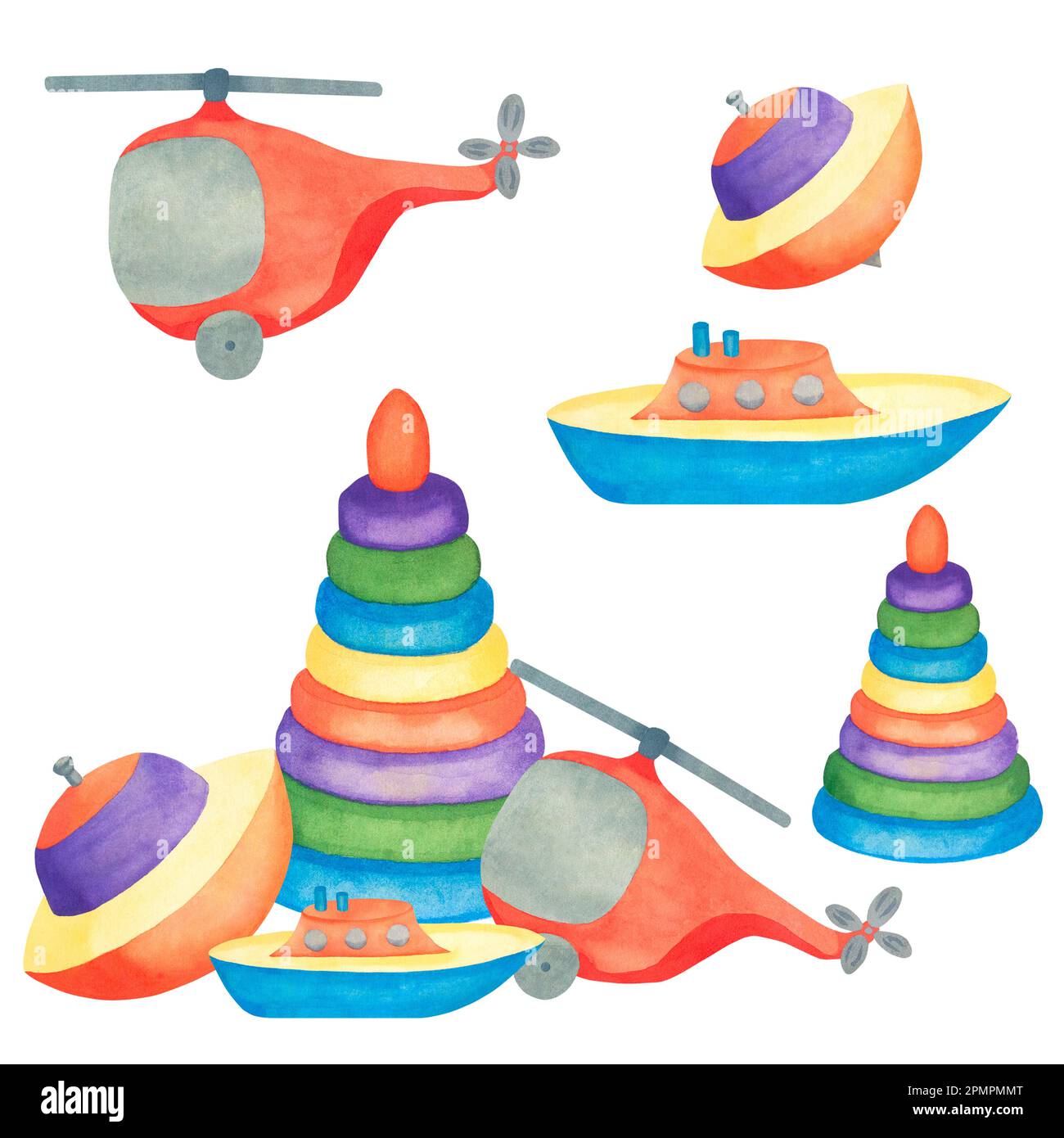 Kids toys. Watercolor illustration of a pyramid, spinning top ...