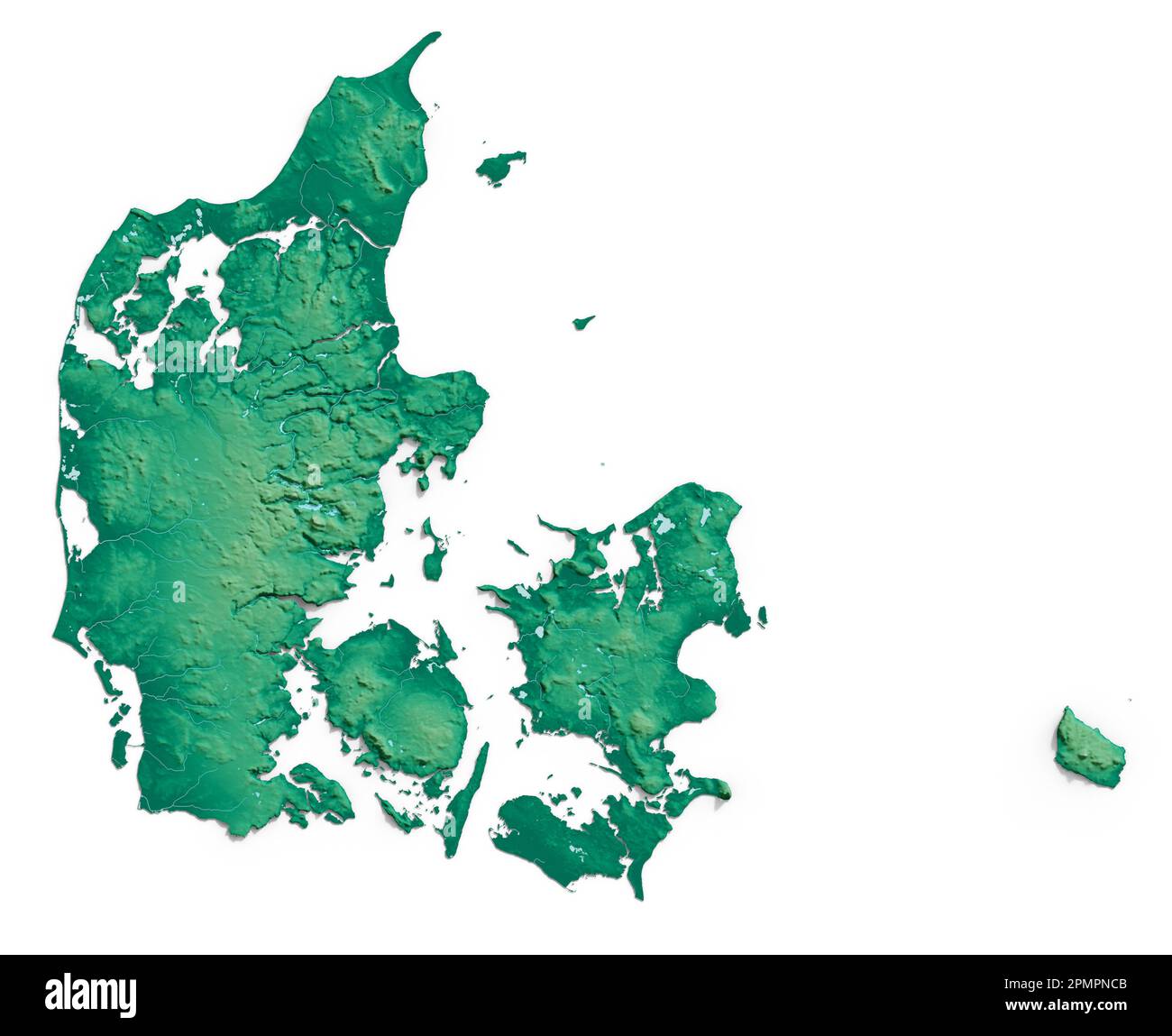 Denmark. Detailed 3D rendering of a shaded relief map with rivers and ...