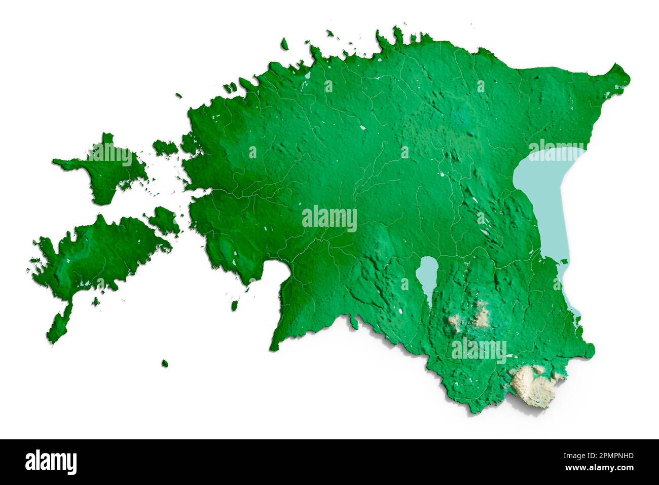 Estonia. Detailed 3D rendering of a shaded relief map with rivers and ...