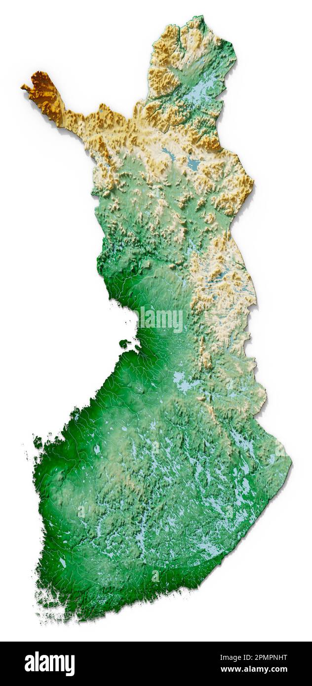 Finland. Detailed 3D rendering of a shaded relief map with rivers and ...