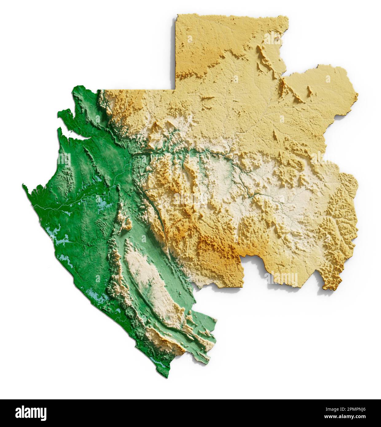 Gabon. Detailed 3D rendering of a shaded relief map with rivers and ...