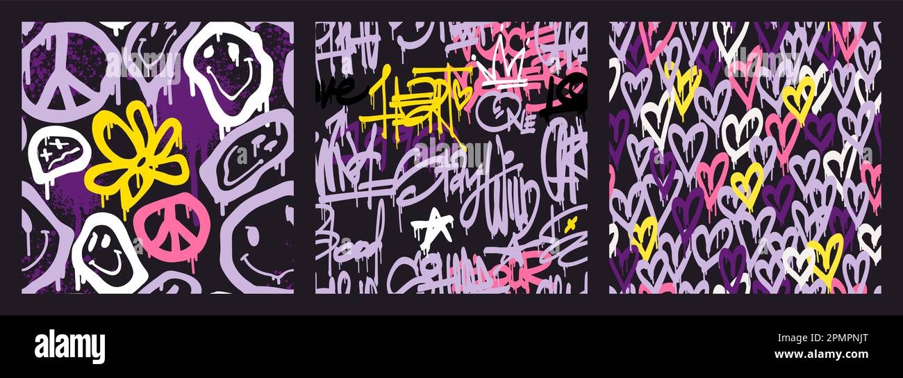 Groovy smile seamless patterns pack in Urban street art graffiti style ...