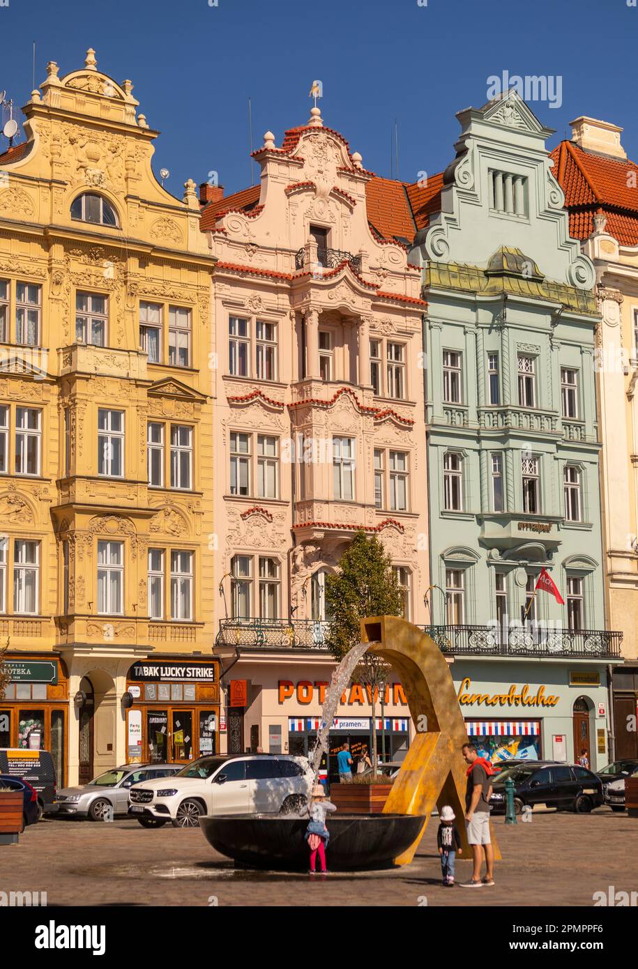 PILSEN, CZECH REPUBLIC, EUROPE - Main Square of Pilsen. Modern fountain ...
