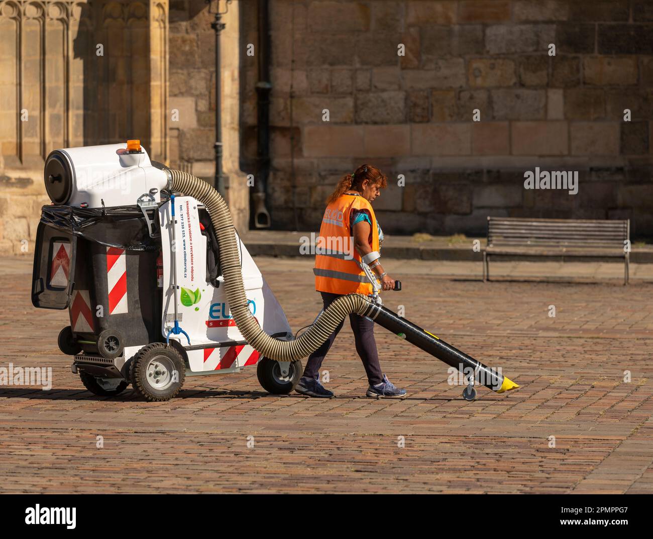 PILSEN, CZECH REPUBLIC, EUROPE - Municipal sanitation worker cleaning ...