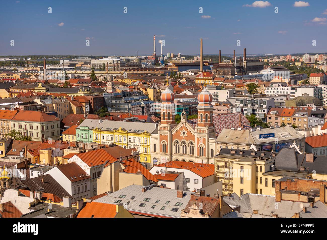 PILSEN, CZECH REPUBLIC, EUROPE - The Great Synagogue, center, and Skoda ...
